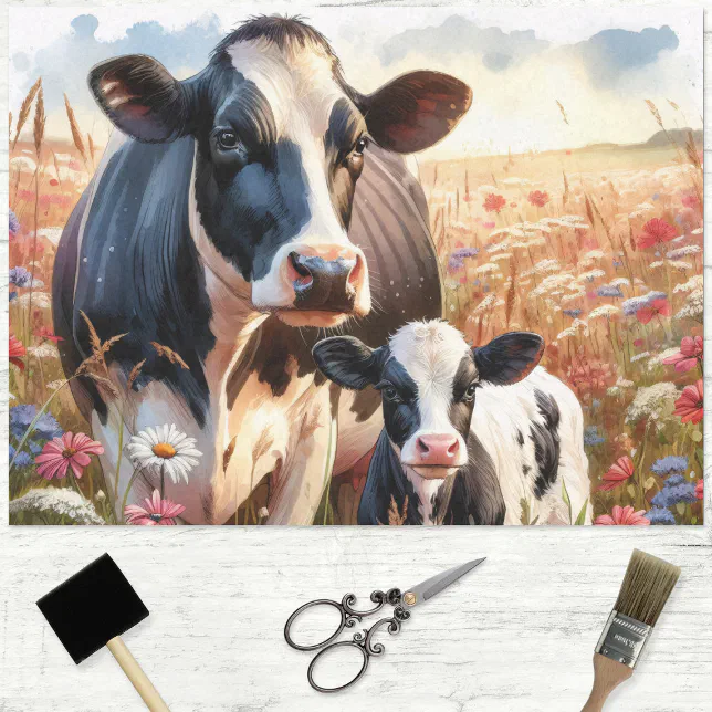 Dairy Cow and Calf Wildflower Decoupage Tissue Paper | Zazzle