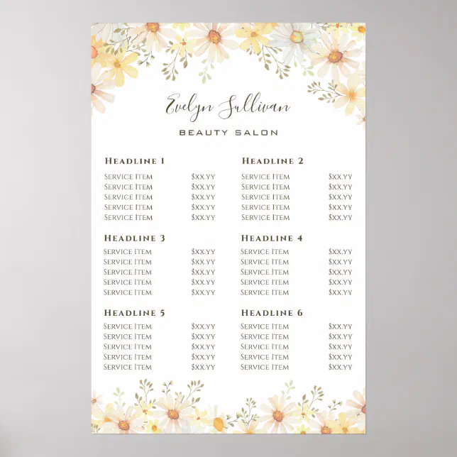 Daisies price list poster | Zazzle