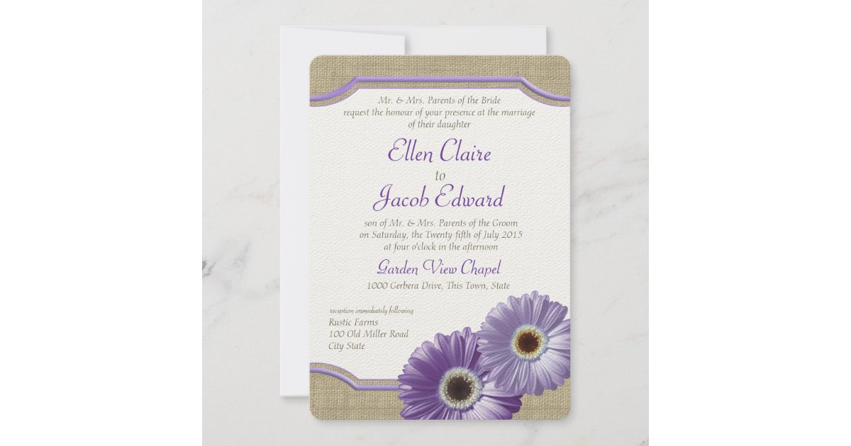Daisy and Burlap Lavender Purple Invitation | Zazzle