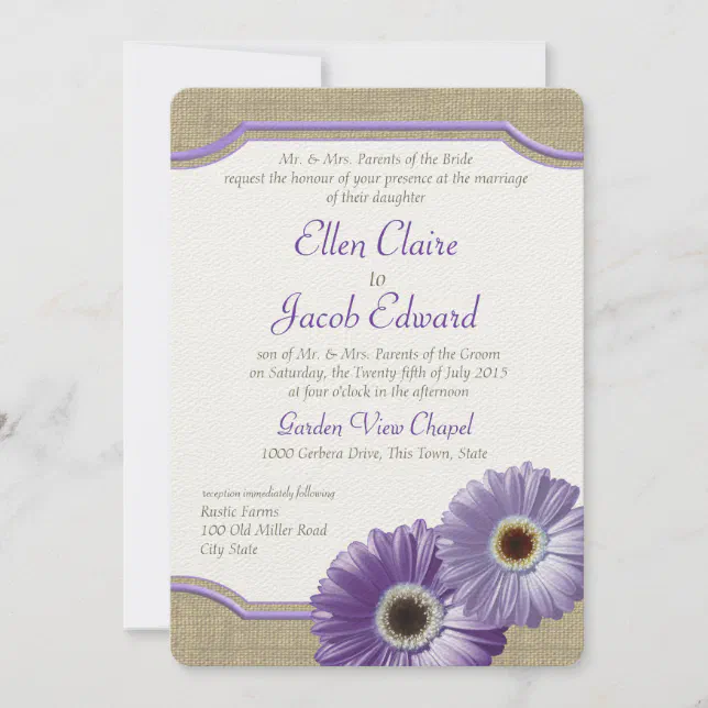 Daisy and Burlap Lavender Purple Invitation | Zazzle