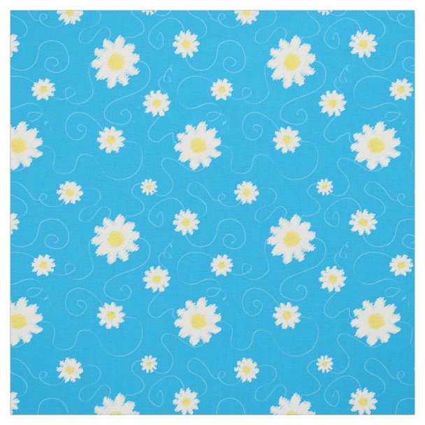 White Daisies on Blue Floral Pattern Fabric | Zazzle