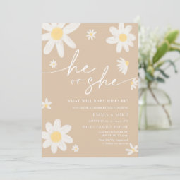 Daisy Beige He or She Gender Reveal Invitation | Zazzle