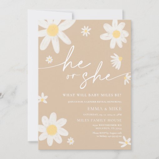 Daisy Beige He or She Gender Reveal Invitation | Zazzle