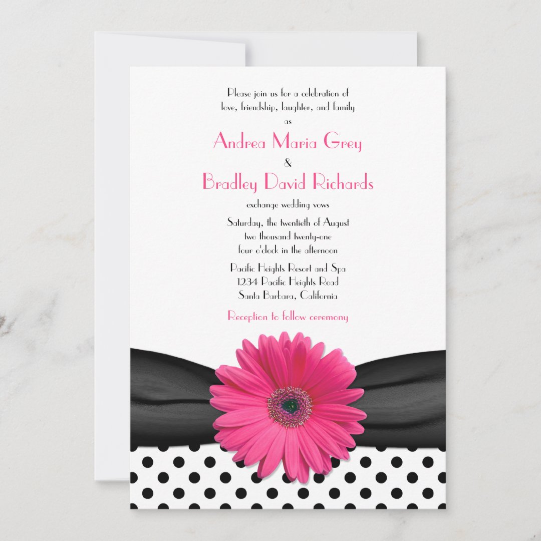 Daisy Black White Polka Dot Wedding Invitation | Zazzle