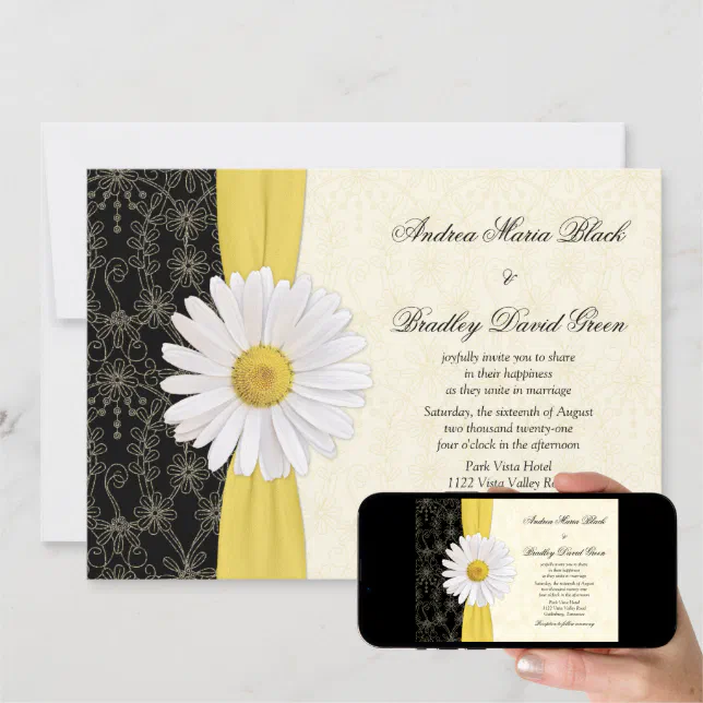 Daisy Black Yellow, Ivory Wedding Invitation | Zazzle