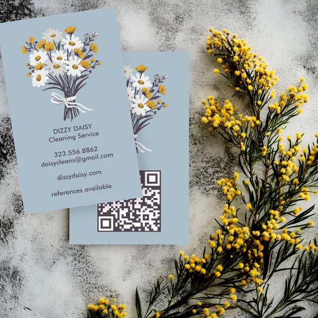 Daisy Bouquet Cute Cleaning Service QR Code Business Card | Zazzle