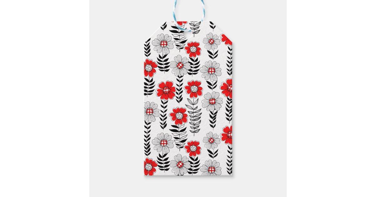 Daisy doodles in red and black gift tags | Zazzle