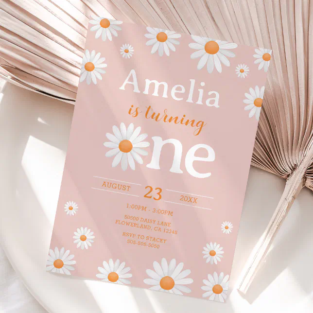 Daisy First Birthday Invitation, Boho Pink Floral Invitation | Zazzle