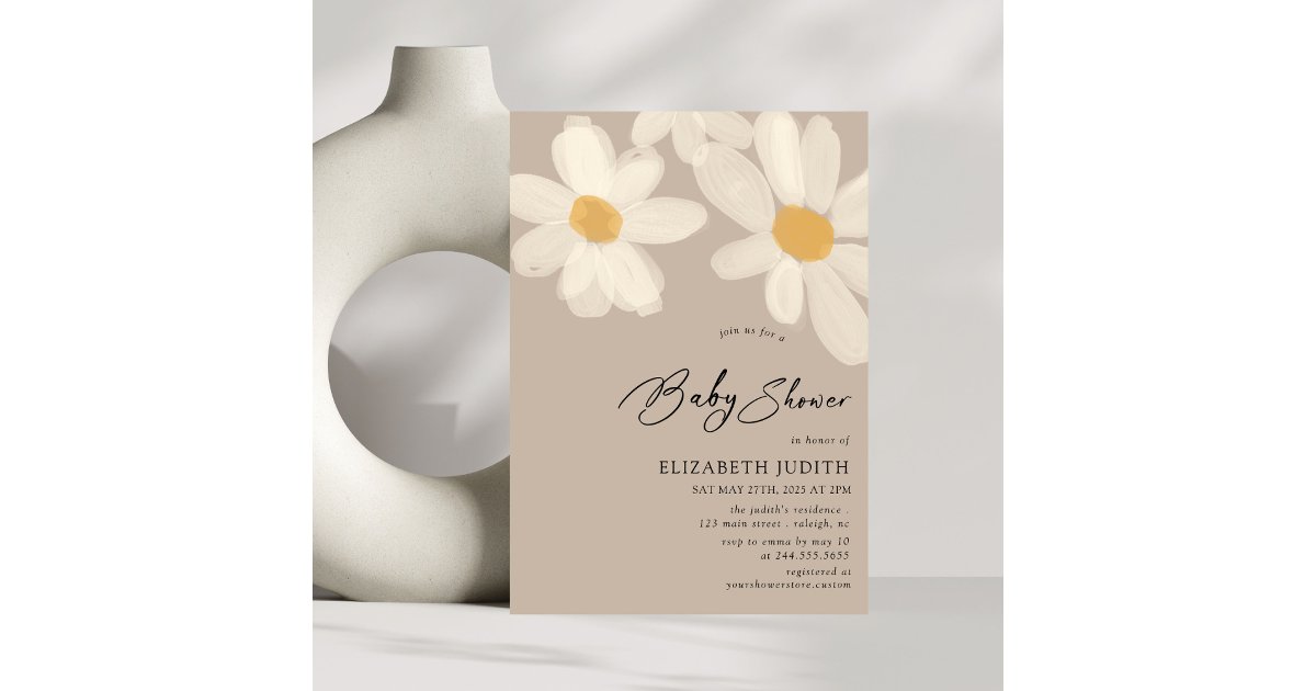 Daisy Floral Brown Baby Shower Invitation | Zazzle
