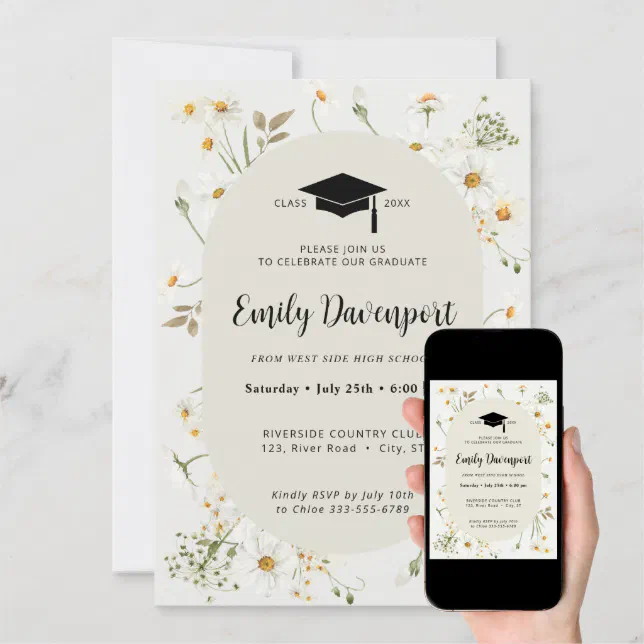 Daisy Floral Graduation photo on back Invitation | Zazzle