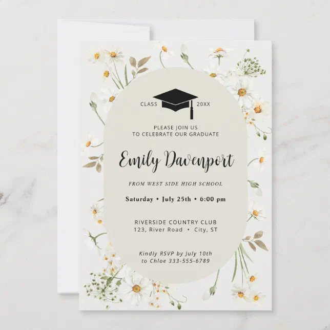 Daisy Floral Graduation photo on back Invitation | Zazzle