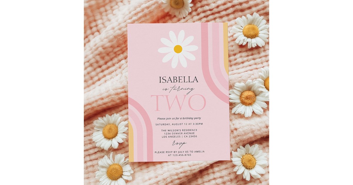 Daisy Floral Retro Pink Two Birthday Party Invitation | Zazzle