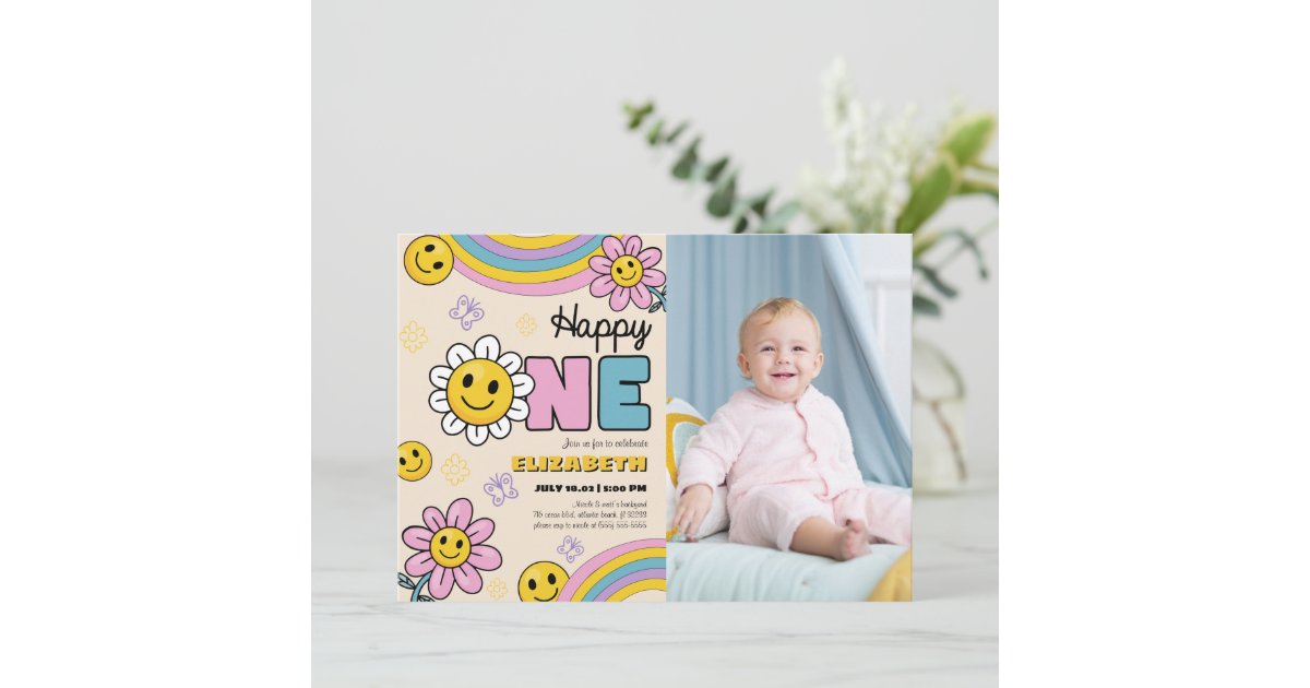 Daisy Flower First Birthday Photo Invitation Card | Zazzle