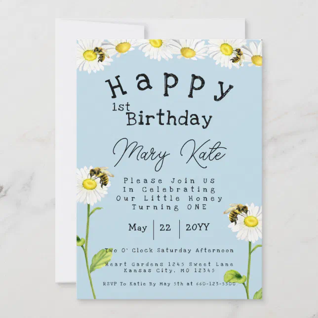 Daisy Flowers 1st Birthday Honey Bee Invitation | Zazzle
