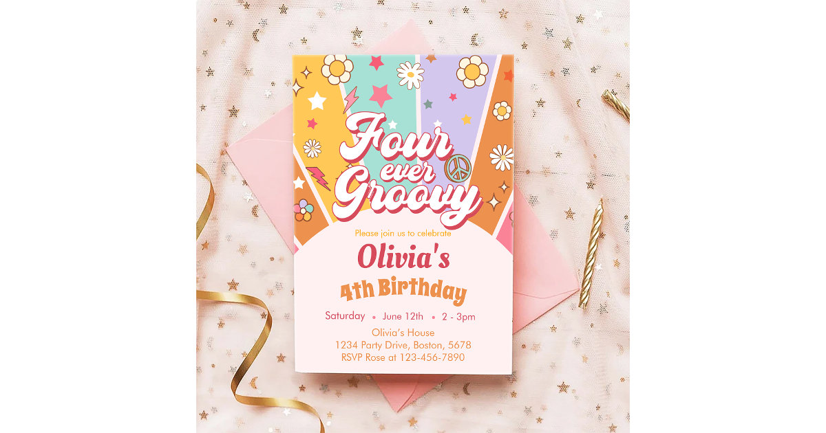 Daisy Four Ever Groovy 4th Birthday Invitation | Zazzle