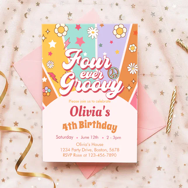Daisy Four Ever Groovy 4th Birthday Invitation | Zazzle
