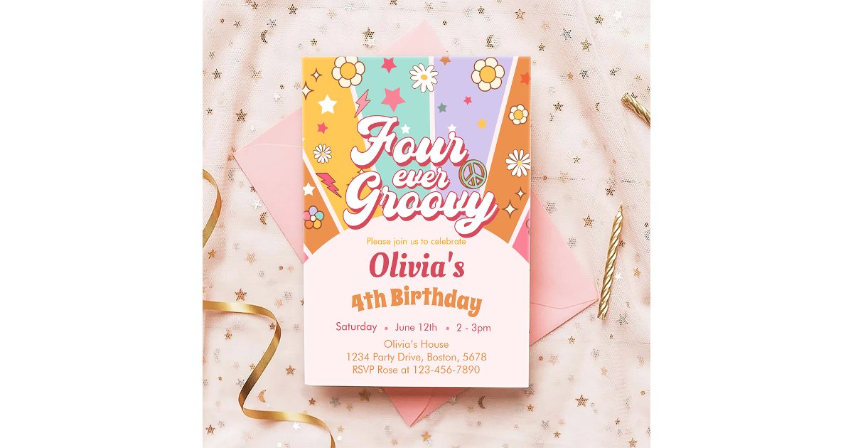 Daisy Four Ever Groovy 4th Birthday Invitation | Zazzle