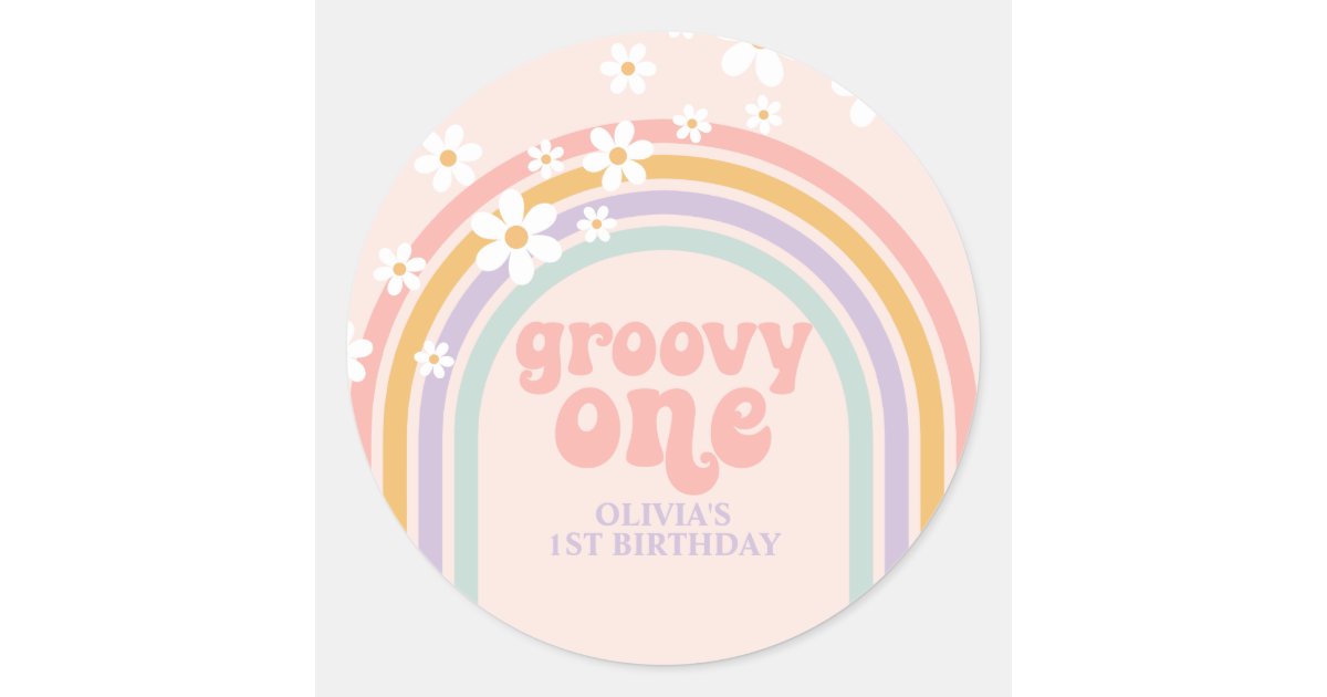 Daisy Groovy One Pastel rainbow first birthday Classic Round Sticker ...
