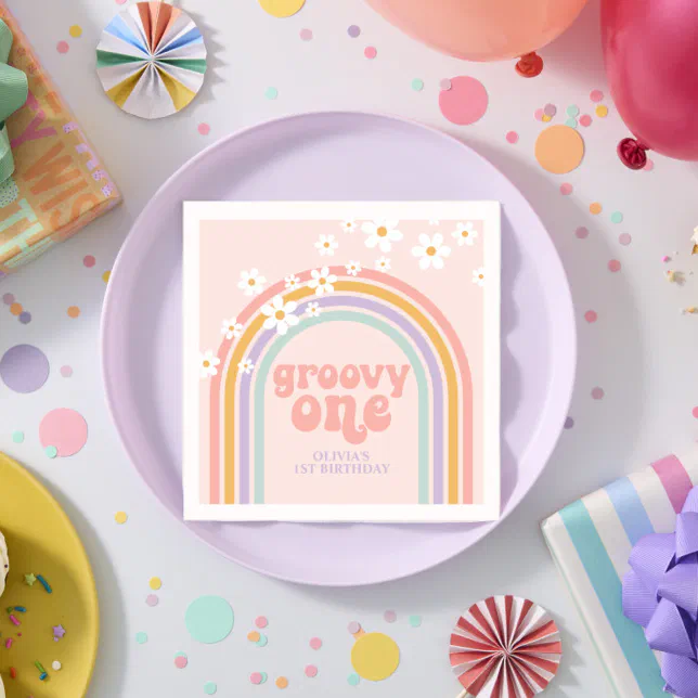 Daisy Groovy One Pastel rainbow first birthday Napkins | Zazzle