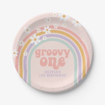 Daisy Groovy One Pastel rainbow first birthday Paper Plates | Zazzle