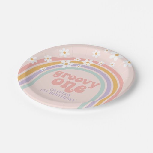 Daisy Groovy One Pastel rainbow first birthday Paper Plates | Zazzle