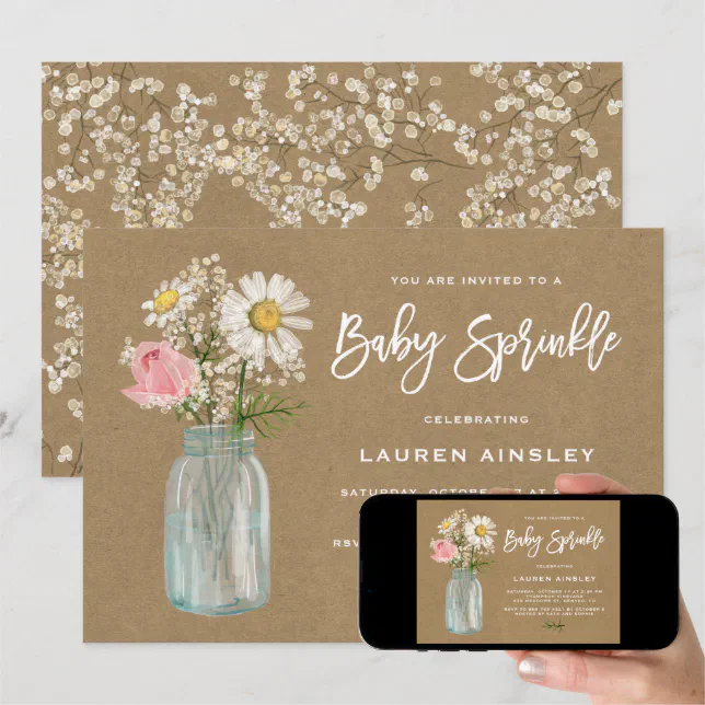 Daisy Mason Jar Kraft Paper Fall Baby Sprinkle Invitation | Zazzle