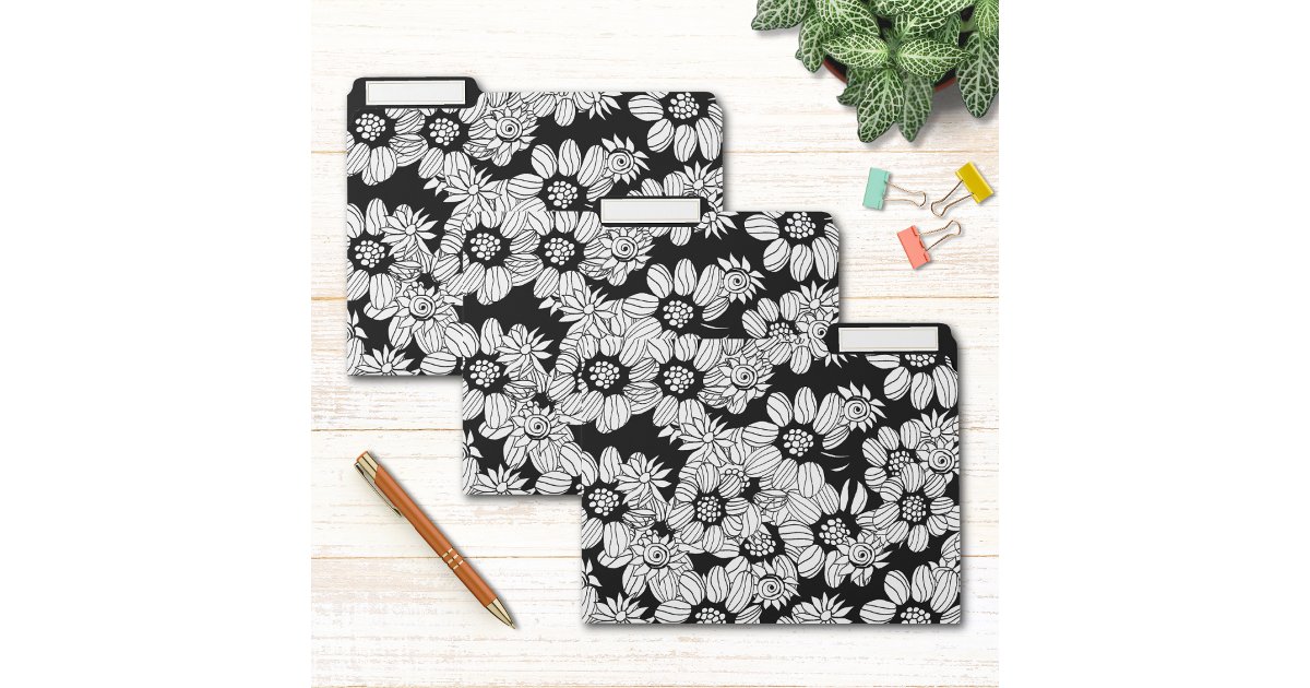 Daisy Nights Black and White Floral Custom Design File Folder | Zazzle