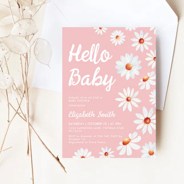 Daisy Pink Hello Baby Girl Baby Shower Invitation | Zazzle