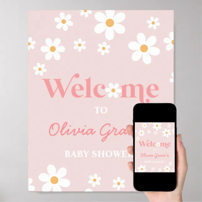 Daisy Pink Retro Peace Love Baby Shower Welcome Po Poster | Zazzle
