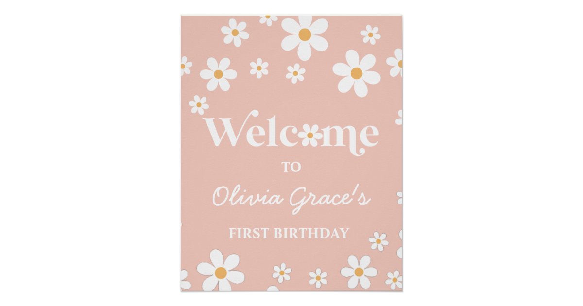 Daisy Retro Pink first birthday Welcome Poster | Zazzle