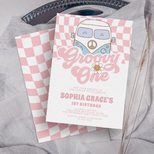 Daisy & Retro Van Pink Groovy One 1st Birthday Invitation | Zazzle