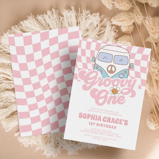 Daisy & Retro Van Pink Groovy One 1st Birthday Invitation | Zazzle