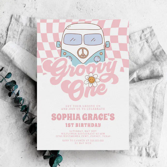 Daisy & Retro Van Pink Groovy One 1st Birthday Invitation | Zazzle