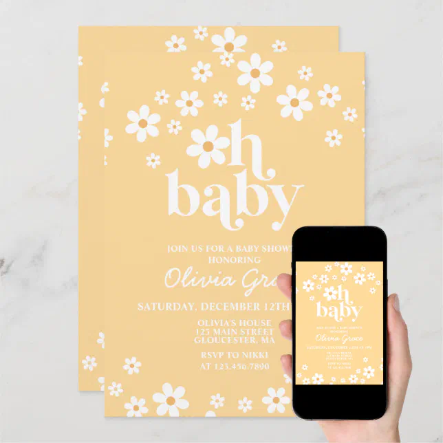 Daisy Retro yellow Floral Baby Shower Invitation | Zazzle