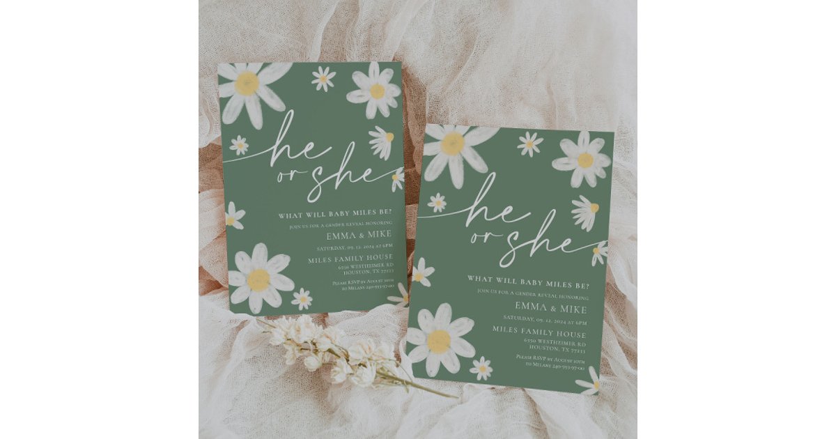 Daisy Sage Green Gender Reveal He or She Invitation | Zazzle