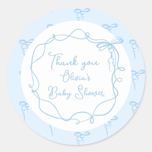 Daity bow blue hand drawn wavy frame thank you classic round sticker ...
