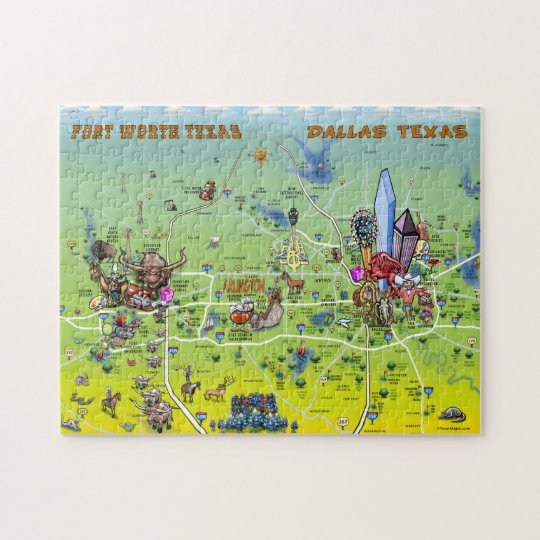 Dallas Fort Worth Cartoon Map Jigsaw Puzzle | Zazzle.com