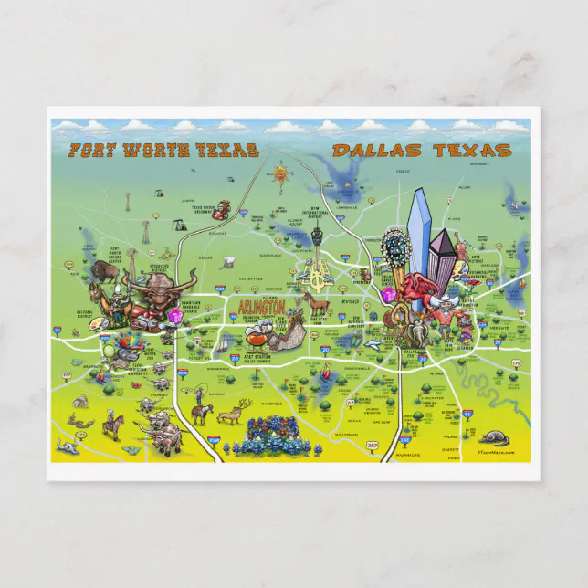 Dallas Fort Worth Cartoon Map Postcard | Zazzle