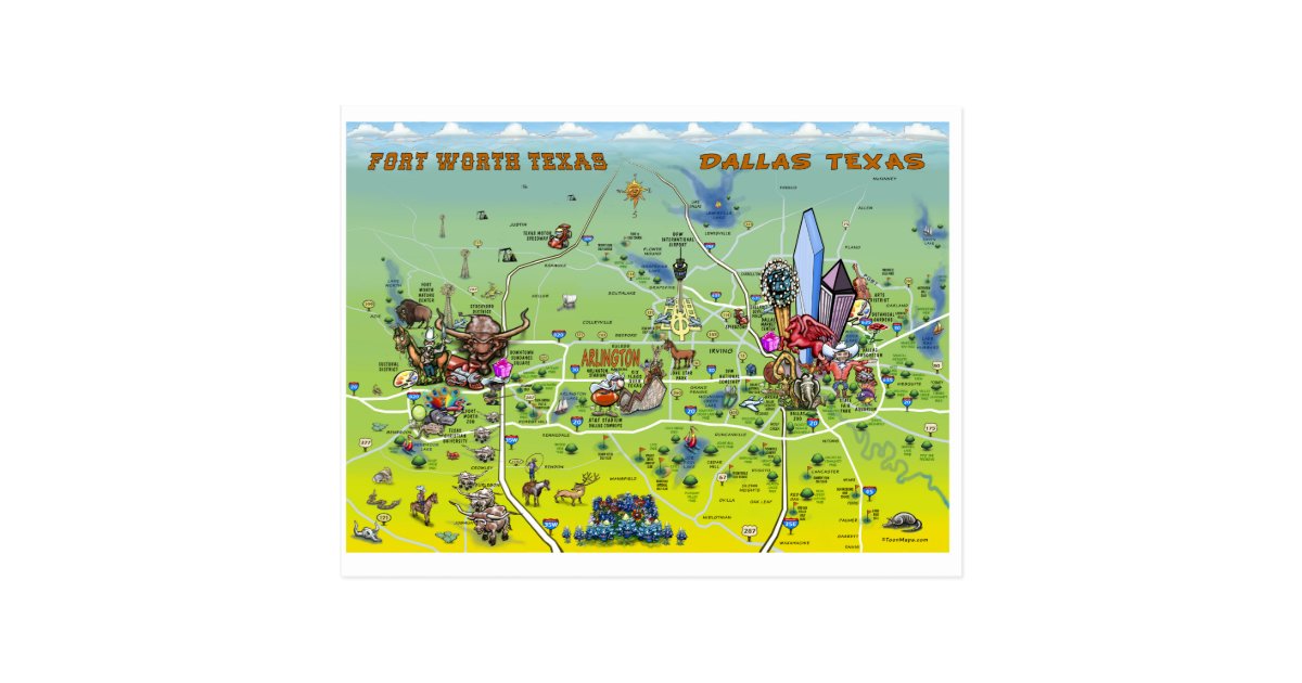 Dallas Fort Worth Cartoon Map Postcard | Zazzle.com