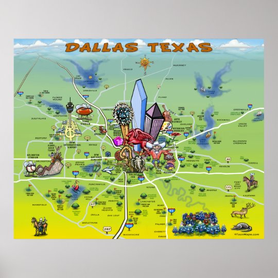 Dallas Texas Cartoon Map Poster | Zazzle.com