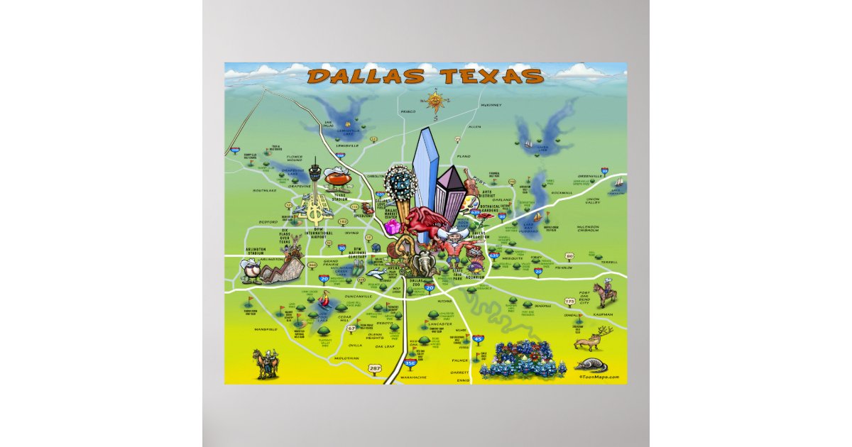 Dallas Texas Cartoon Map Poster | Zazzle