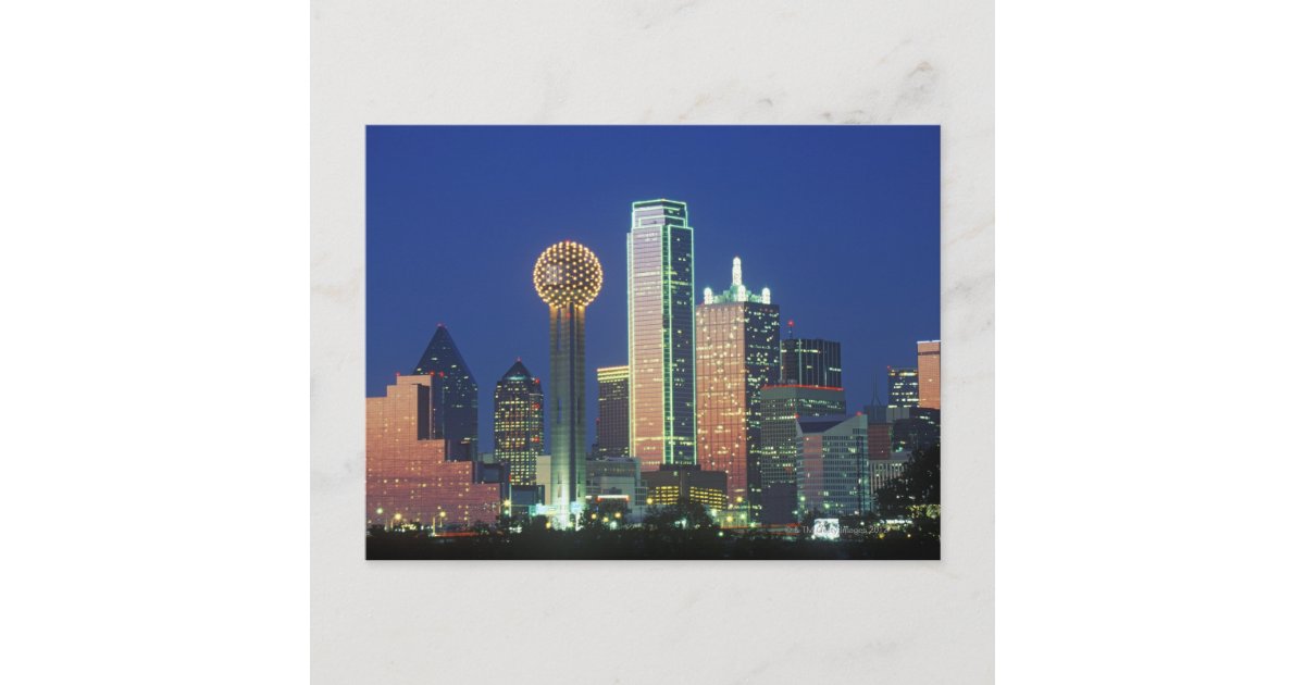 'Dallas, TX skyline at night with Reunion Tower' Postcard | Zazzle