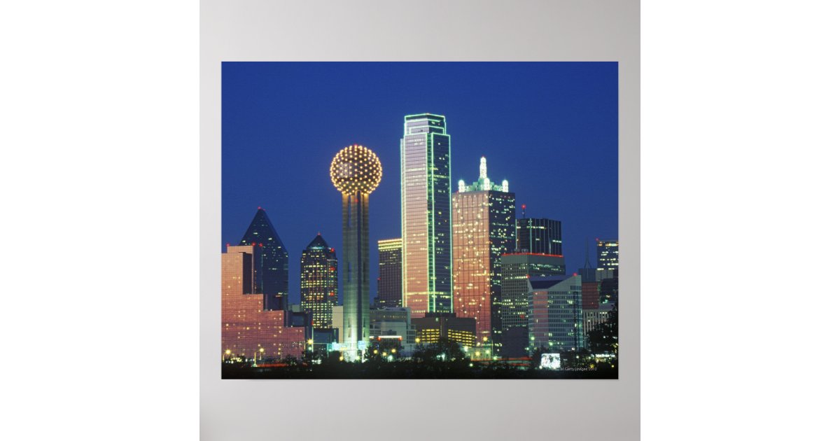 'Dallas, TX skyline at night with Reunion Tower' Poster | Zazzle
