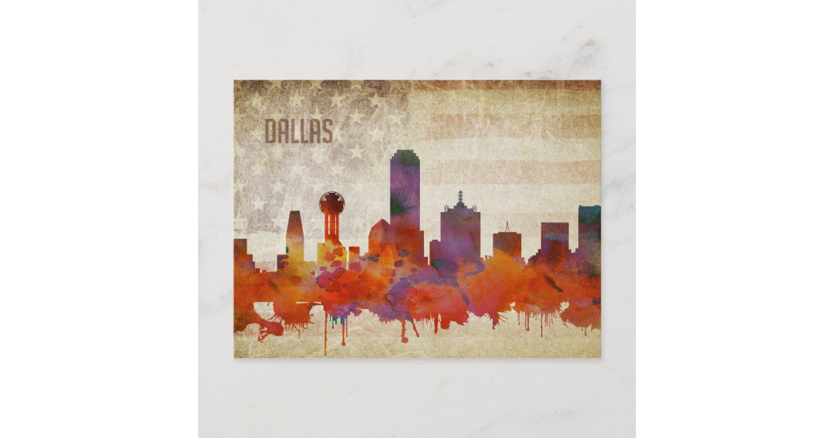 Dallas, TX| Watercolor City Skyline Postcard | Zazzle