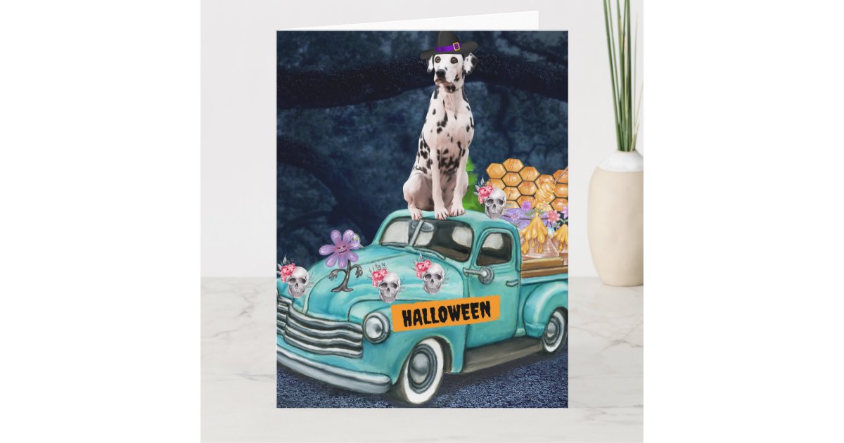 Dalmatian Dog Halloween Truck Scary Night Card | Zazzle