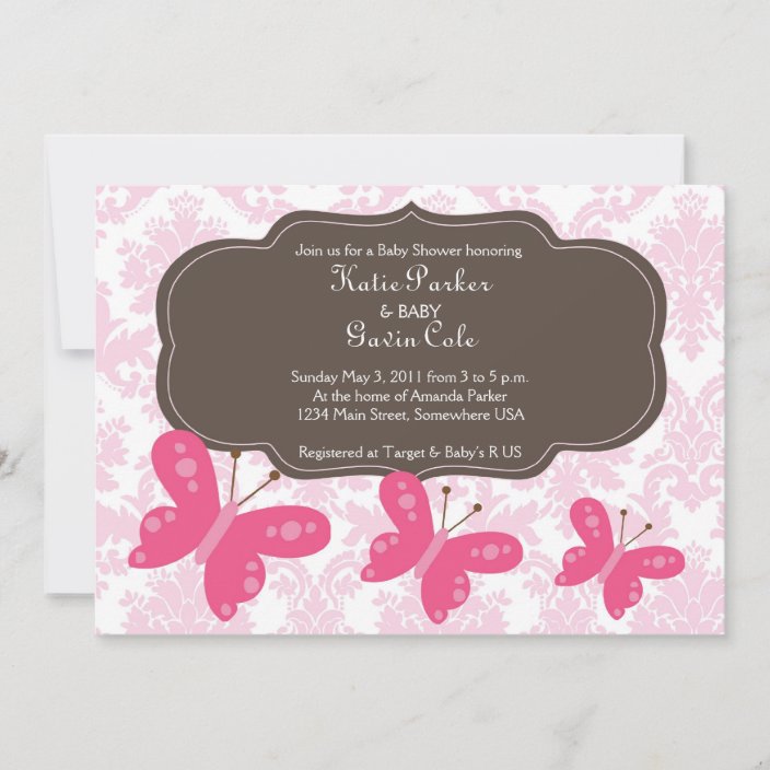 Damask and Pink Butterfly Invitation | Zazzle.com