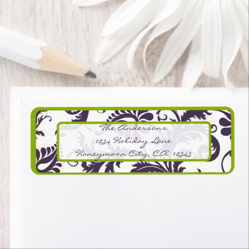 Damask Apple Green & Lapis Purple Address Label | Zazzle