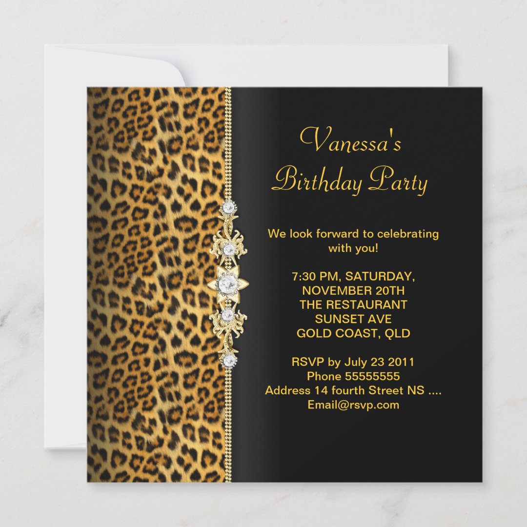Damask Birthday Party Gold Black Leopard Invitation | Zazzle