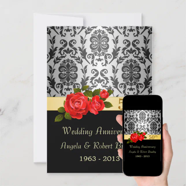 Damask black, red rose 50th Wedding Anniversary Invitation | Zazzle