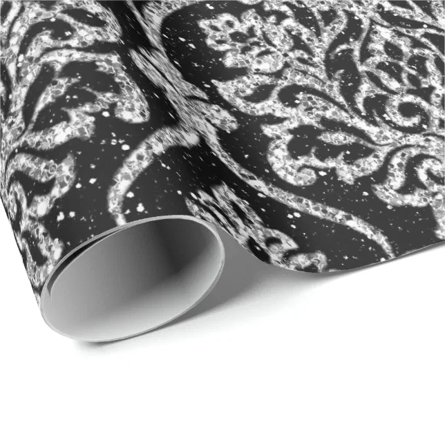 Damask Black Royal Gray Silver Glitter Wrapping Paper | Zazzle